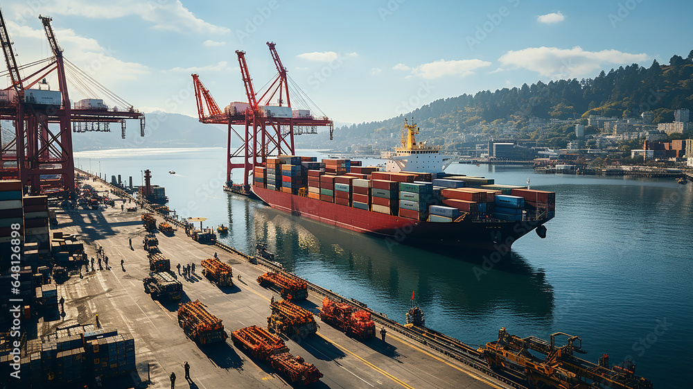 busy seaport with cargo ships being loaded and unloaded, cranes lifting ...