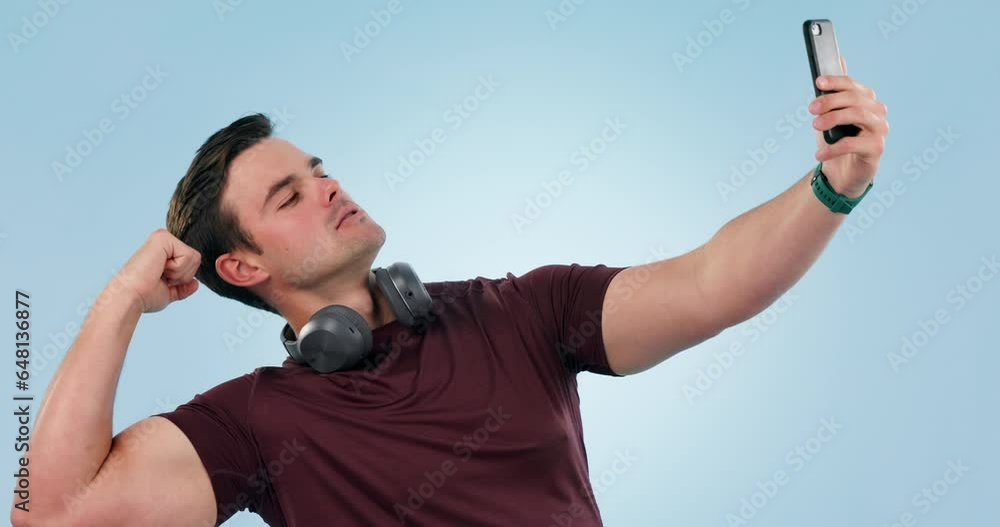 Man, fitness and flexing for selfie in studio with bodybuilder muscle ...