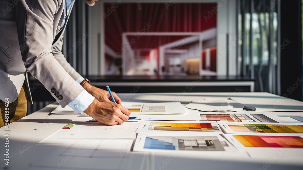 Architect designer Interior working hand drawing sketch plan blue print ...