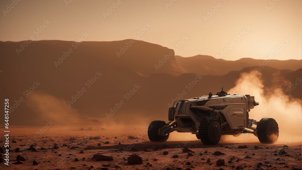 Mars Rover in futuristic scifi design crossing martian landscape ...