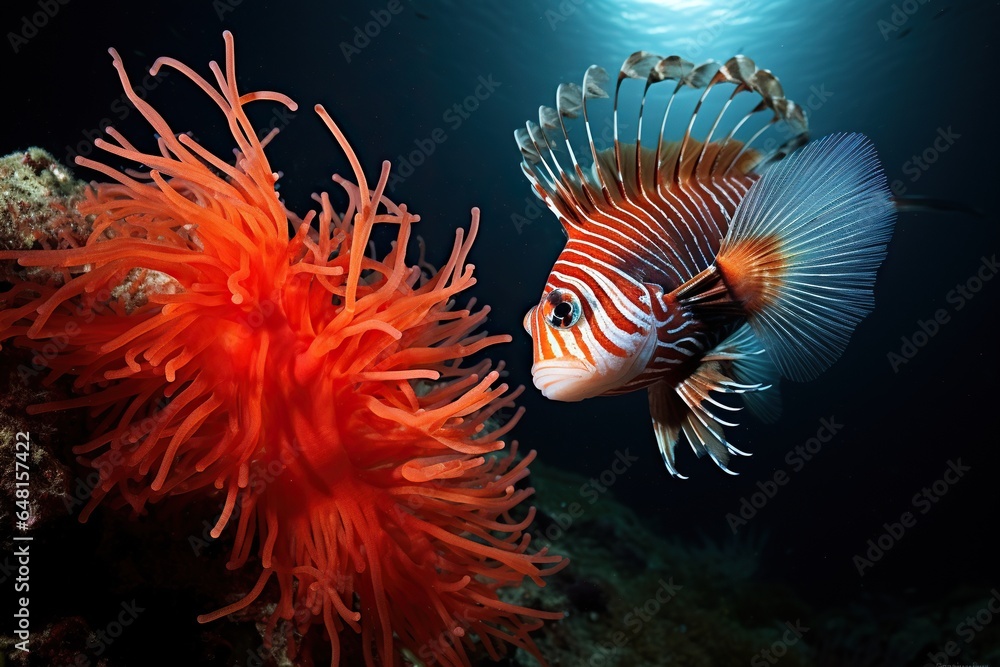 Striped red fish with large fins swim near algae and coral reefs. The ...