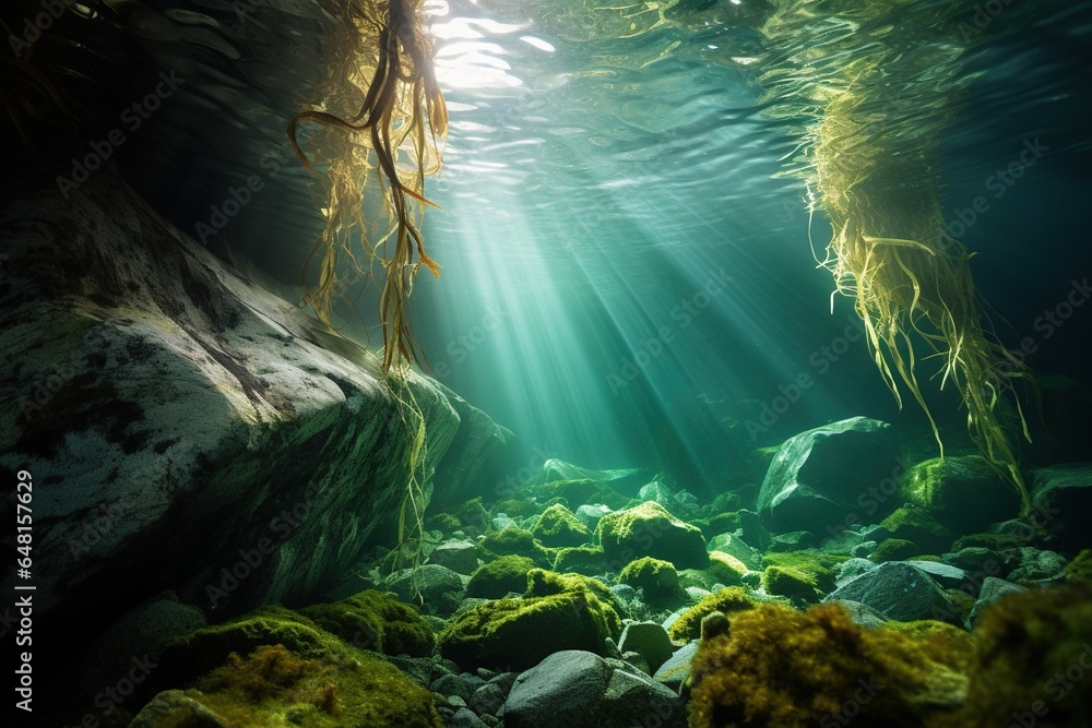 The landscape of the underwater world. There are rocks with moss on the ...