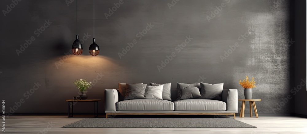 Rendering of a modern minimalist house design with a dark grey living ...