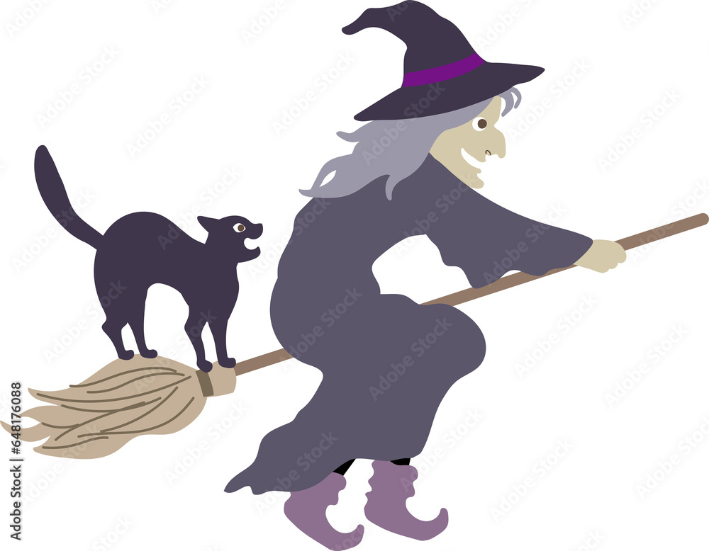 Halloween illustration element of spooky flying wicked witch with cat ...