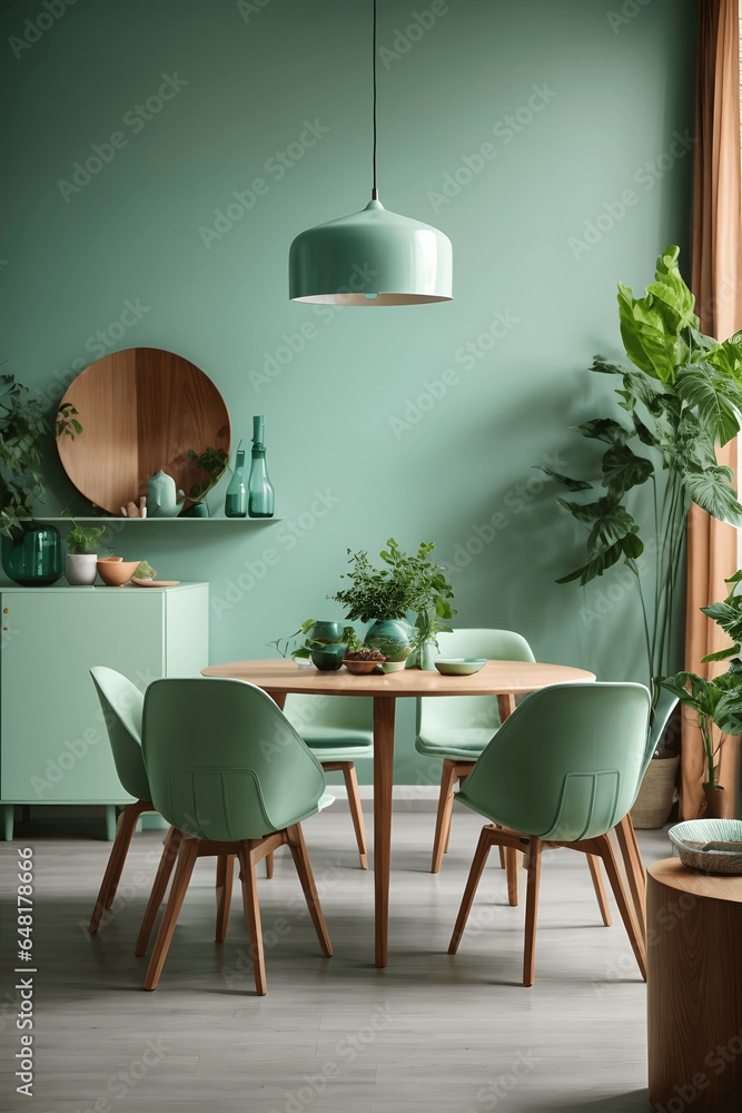 Mint color chairs at round wooden dining table in room with sofa and ...