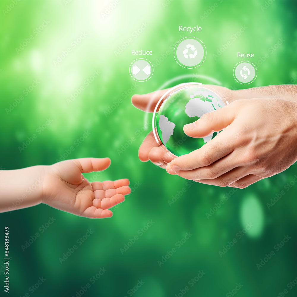The hands holding the Earth and the icon of reuse reduce recycle in the ...