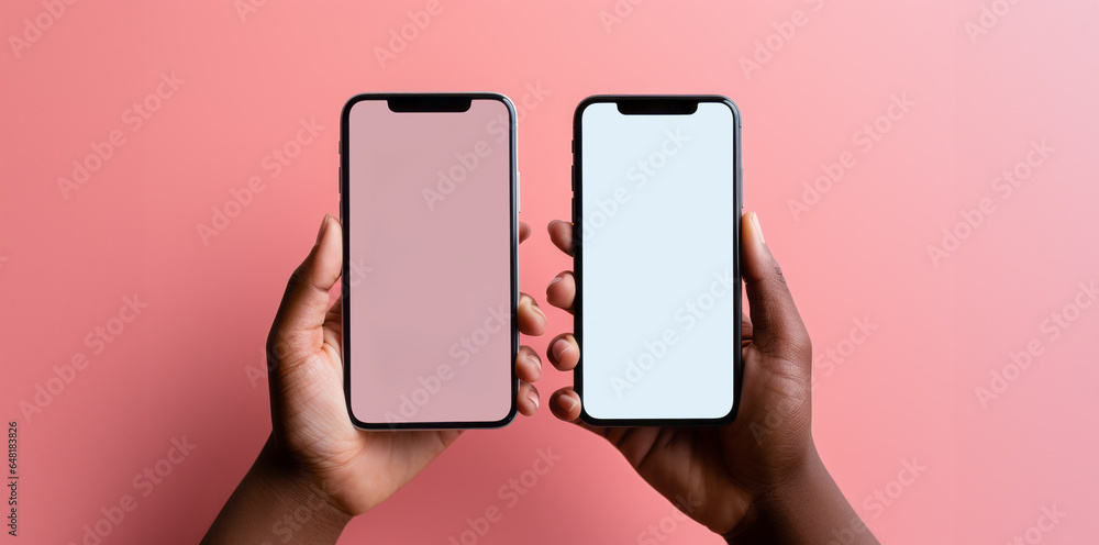 Two iPhones. Isolated on a pink background. White screens. Held in hand ...