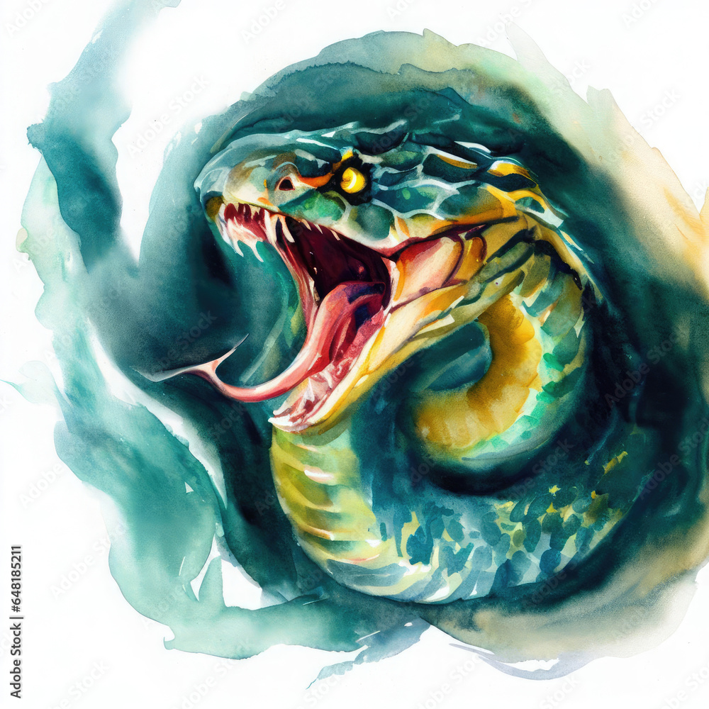Watercolor painting of a fierce, roaring snake created with Ai. Stock ...