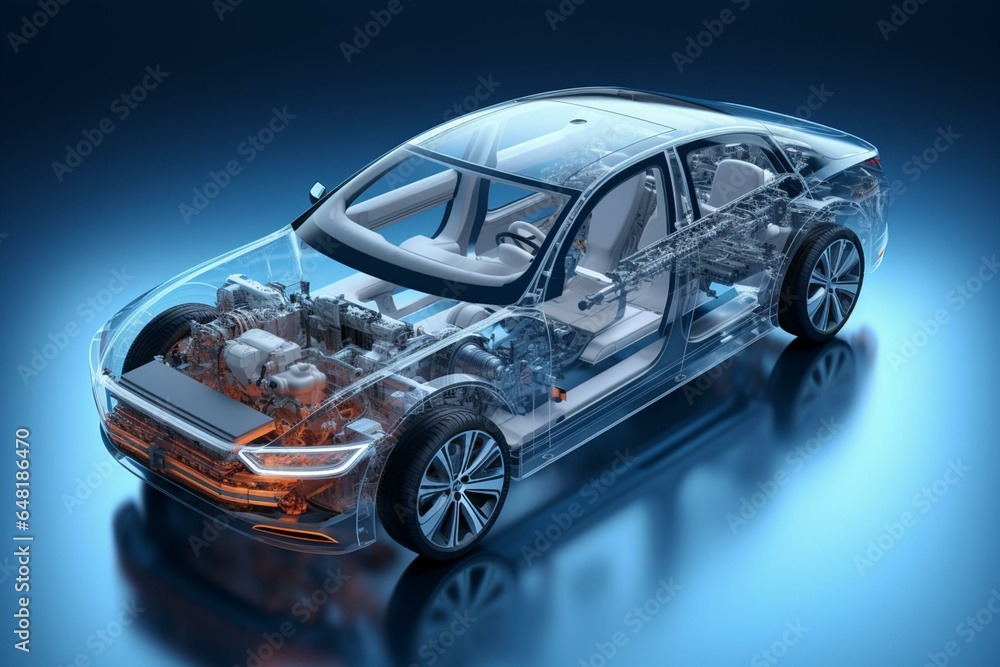 Illustration of an electric car with its internal components and ...