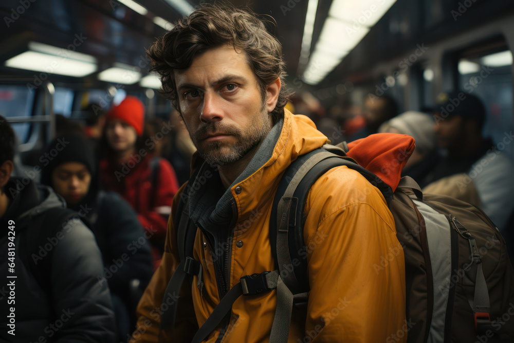 Commuters in Transit. People commuting on a busy train, symbolizing the ...