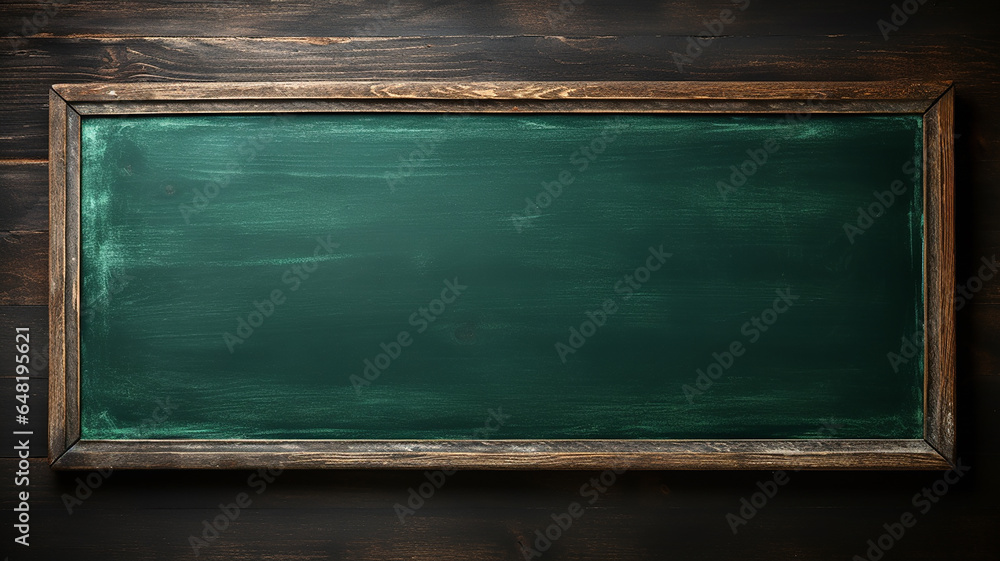 Empty green chalkboard background with wooden frame. Dirty erased chalk ...