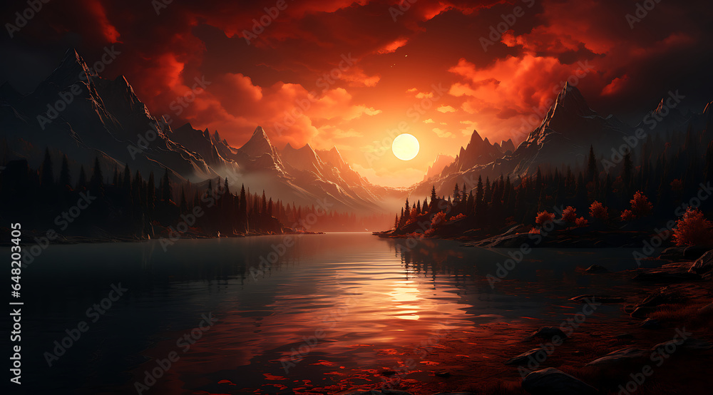 A beautiful sunrise over a huge lake, in the style of immersive ...