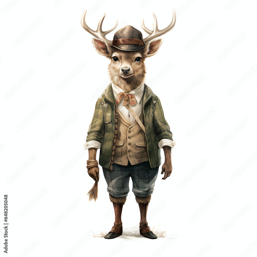 person wearing a antlersA deer wearing a park ranger's outfit and a hat ...