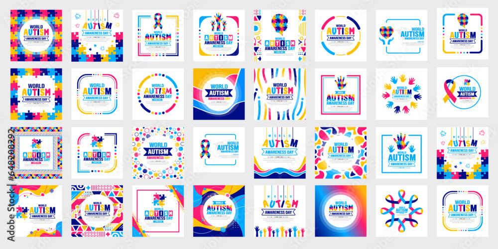big mega set of World autism awareness day typography sticker or social ...
