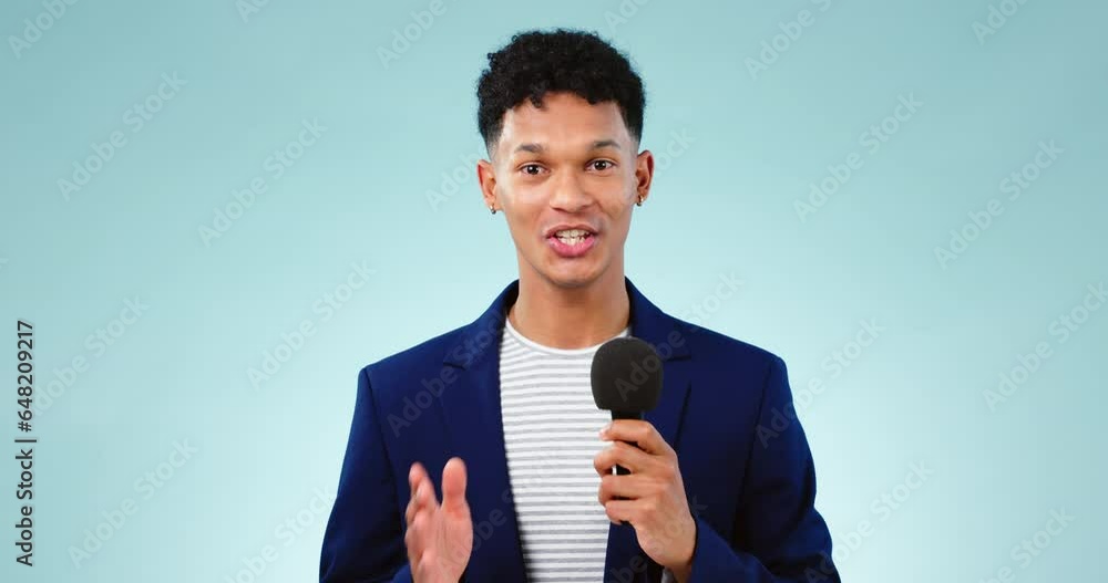 Reporter, face and news, man with microphone with broadcast and live ...