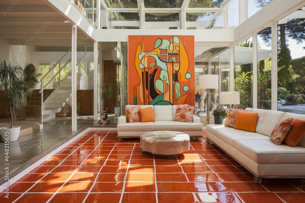 Living room with orange tile floor, white walls, mirrored mural cover ...