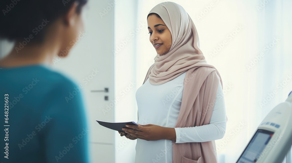 Generative AI, happy pregnant muslim woman at a doctor's appointment ...