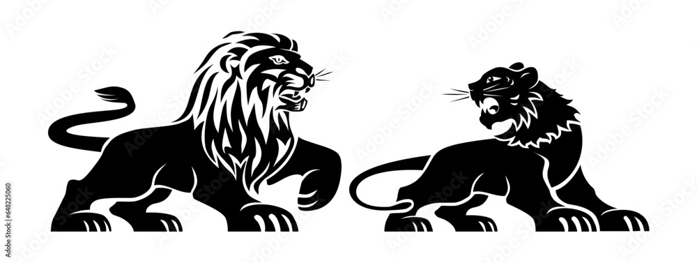 Lion and lioness logo template. Lion standing sign, emblem isolated on ...