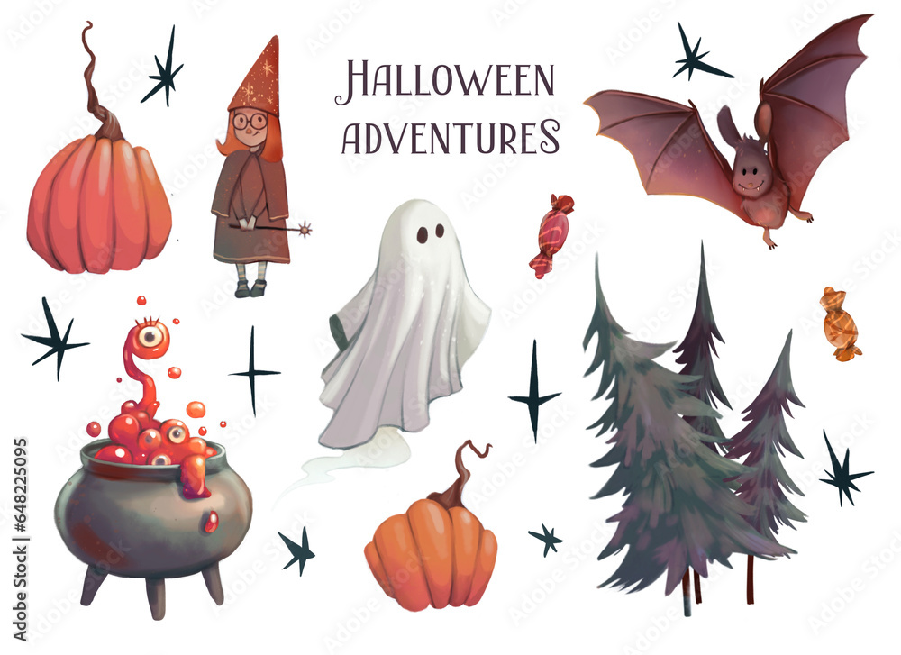 Cartoon Halloween illustrations set. Cute digital images isolated on ...