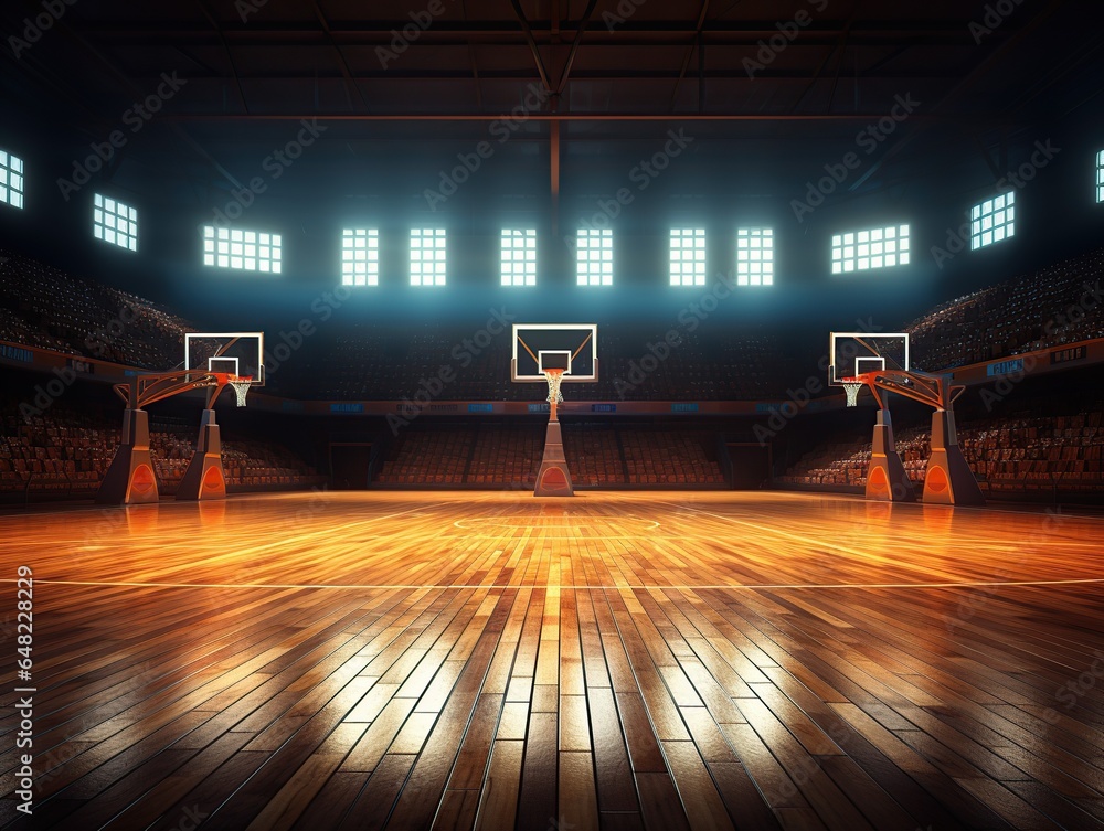 Basketball sport arena. Interior view to wooden floor of basketball ...