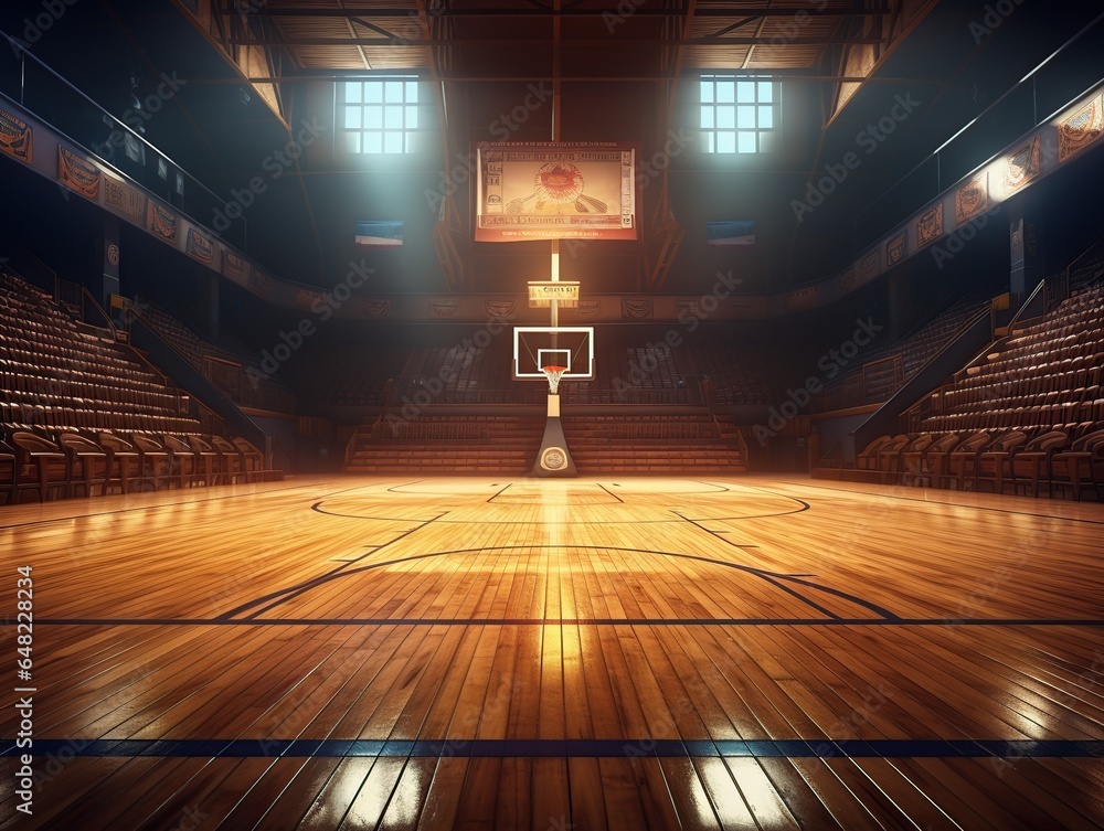 Basketball sport arena. Interior view to wooden floor of basketball ...