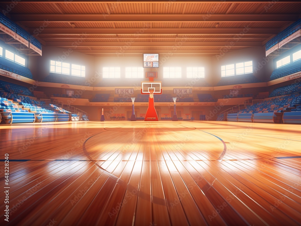 Basketball sport arena. Interior view to wooden floor of basketball ...