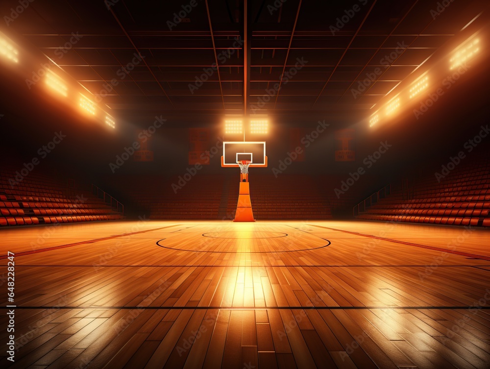 Basketball sport arena. Interior view to wooden floor of basketball ...