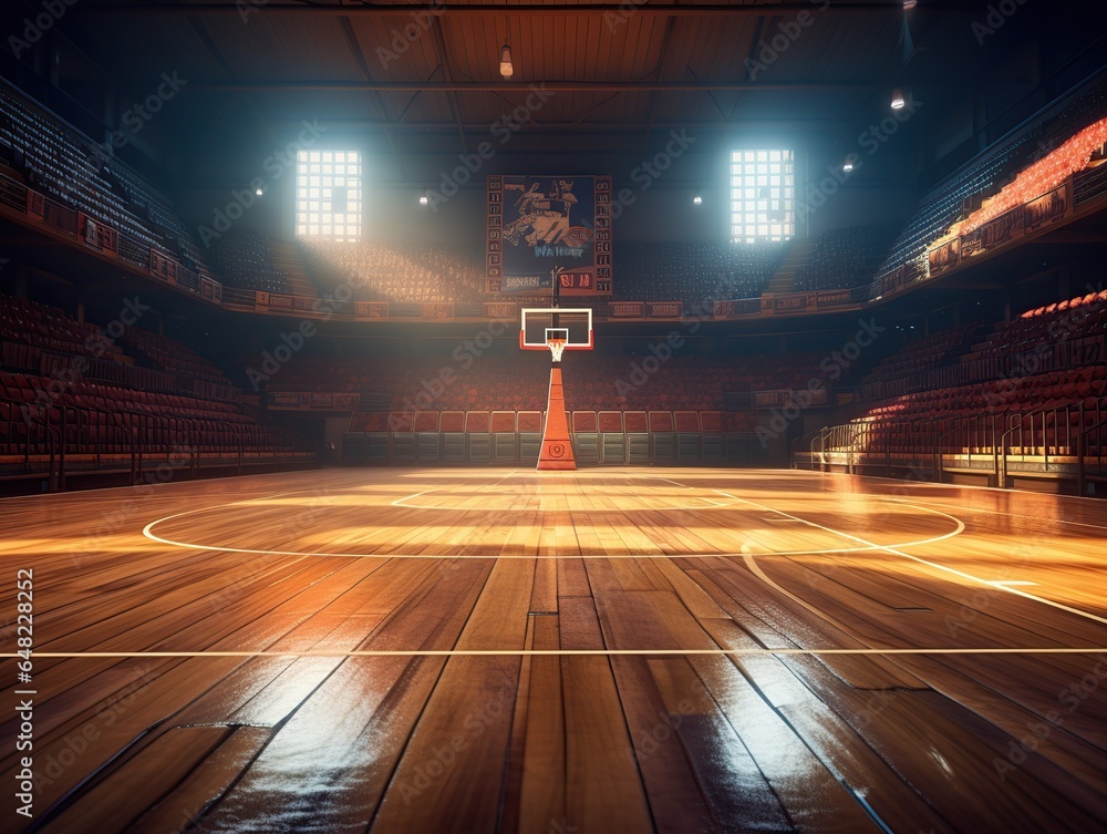 Basketball sport arena. Interior view to wooden floor of basketball ...
