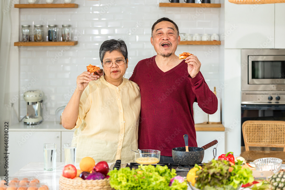 Couple senior Asian elder happy living in home kitchen. Elderly couple ...