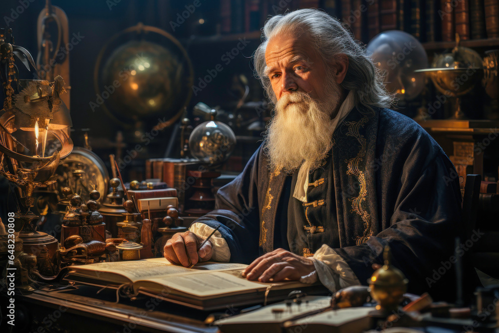 Galileo Galilei in his study, surrounded with planet models, books and ...