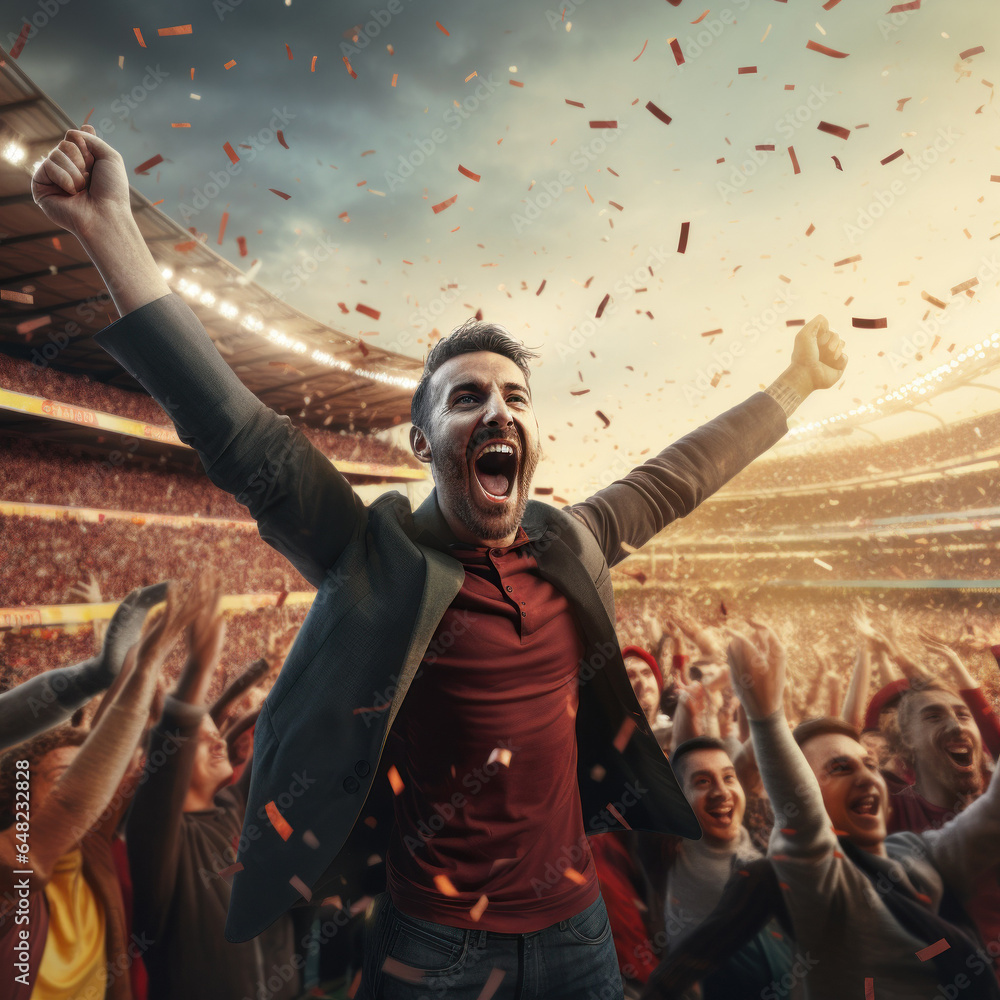 Euphoric fan celebrating in a large football stadium in high resolution ...