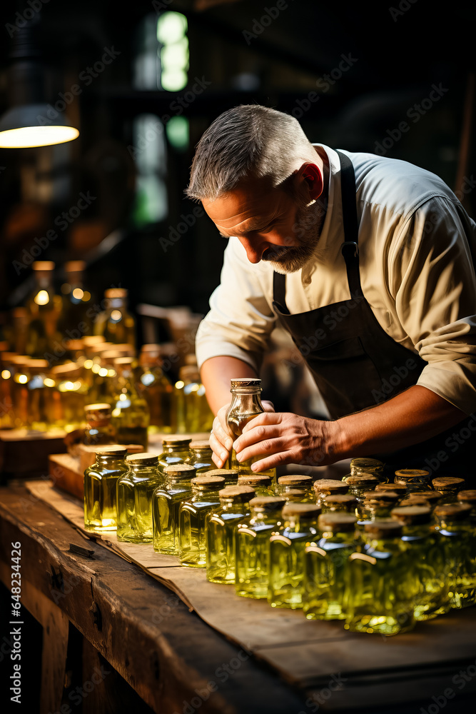 Artisans hands sealing branded labels on extra virgin olive oil in a ...