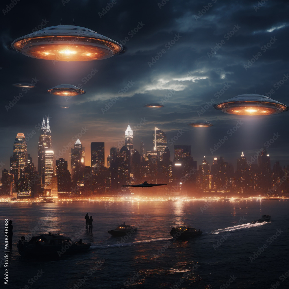 city being invaded by alien ships in the night sky in high resolution ...