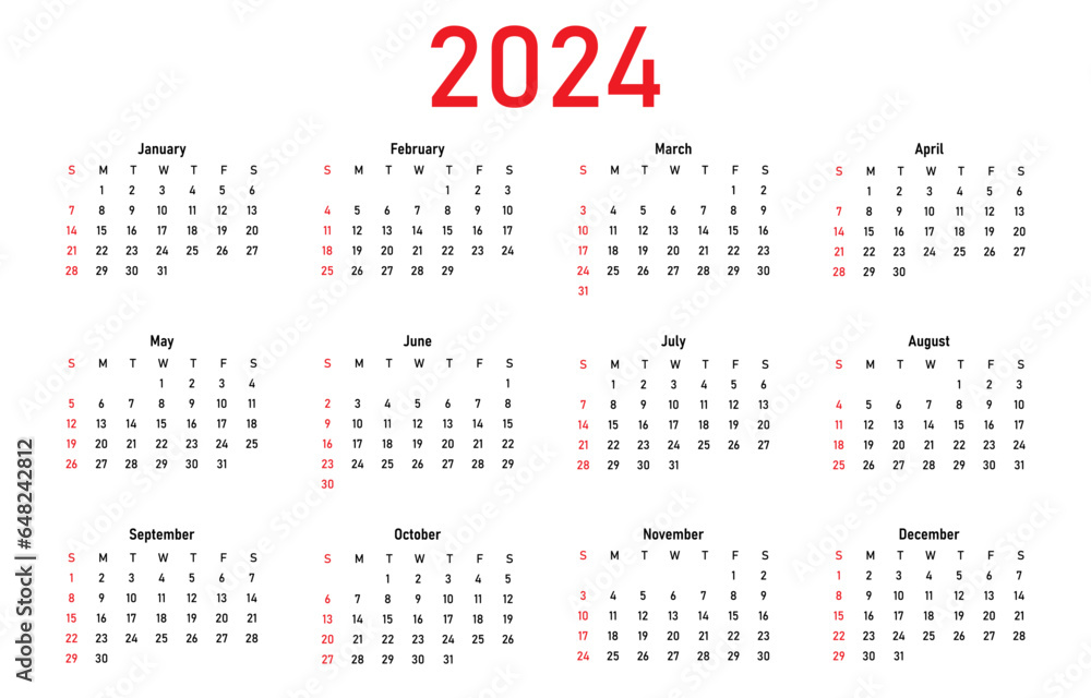 Calendar 2024. Week Start on Sunday. Vector illustration isolated on ...
