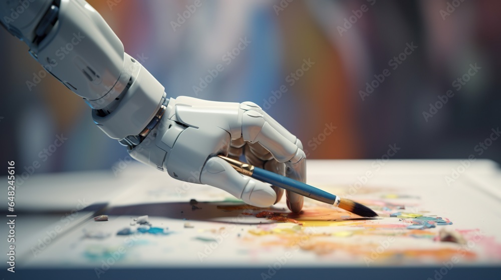 robotic hand with paintbrush painting picture with oil, robot fingers ...
