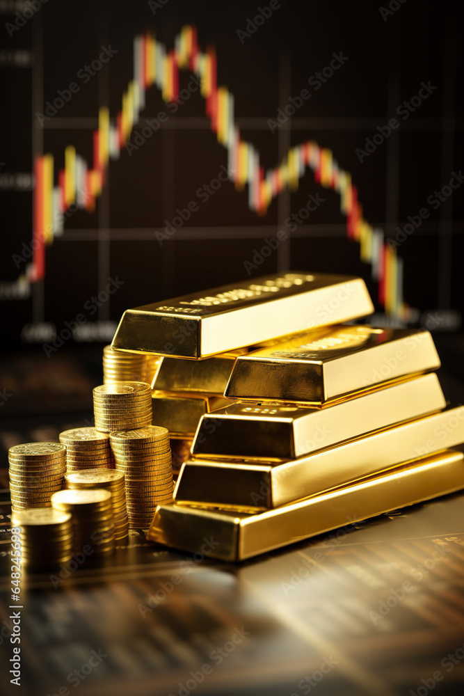 gold ingot and coins on price chart background, golden metal, treasury ...