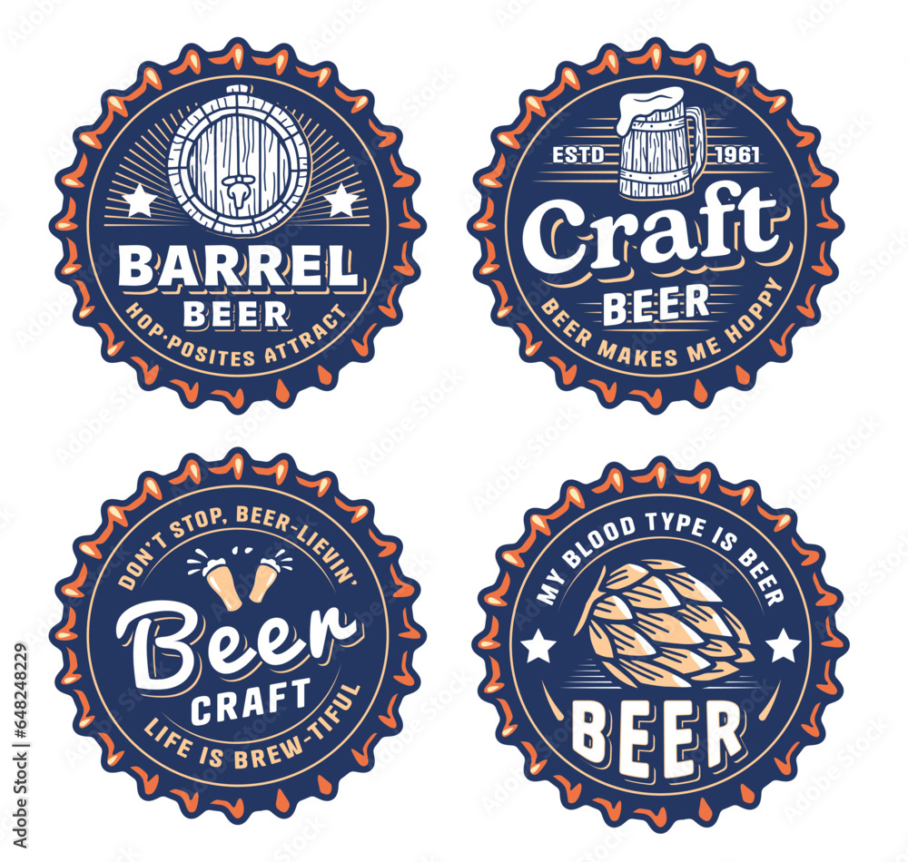 Beer cap vector set or brew emblems or craft beer logos. Labels or ...