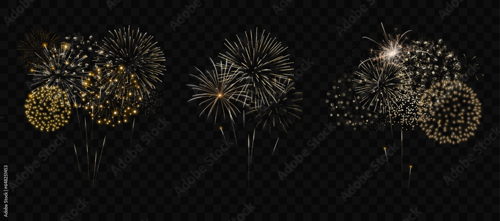 Gold fireworks vector set. Collection of realistic golden fireworks ...