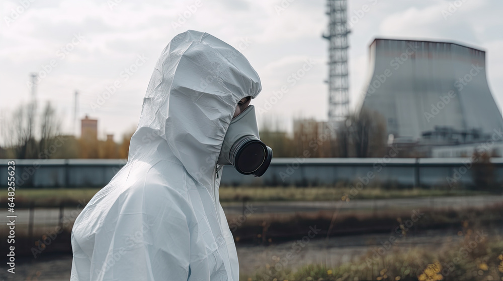 Man in yellow chemical protection suit and face protective mask Praying ...