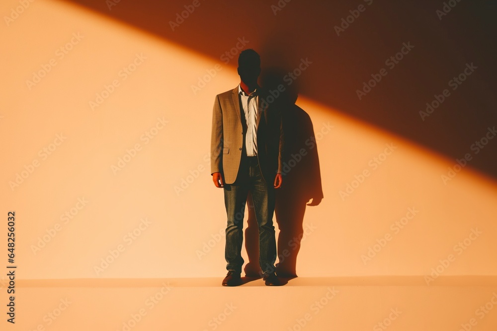 Metaphor of a man deconstructing his macho personality, hiding his face ...