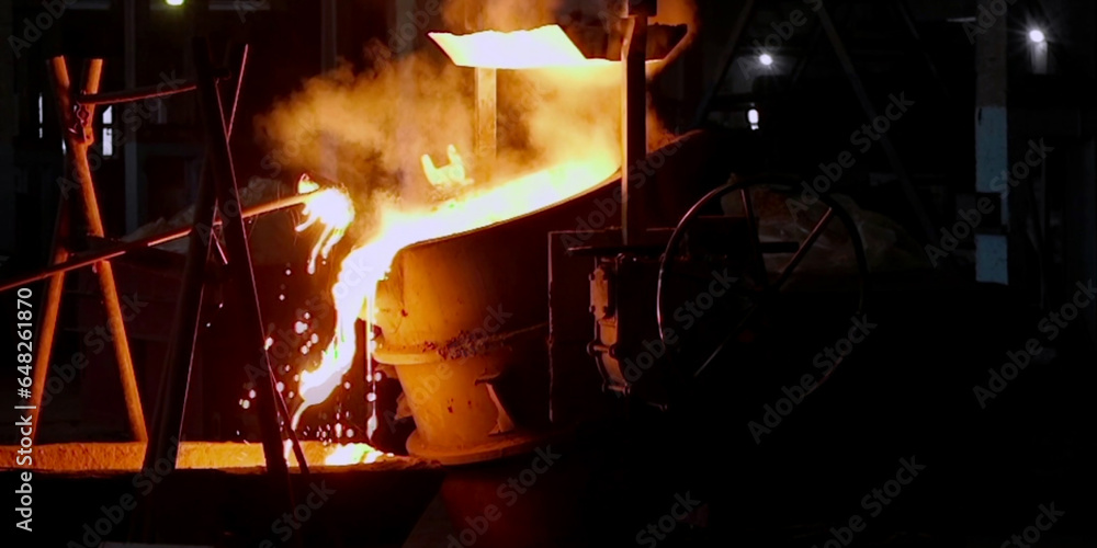 Metal cast process in blast furnace in metallurgical plant or factory ...