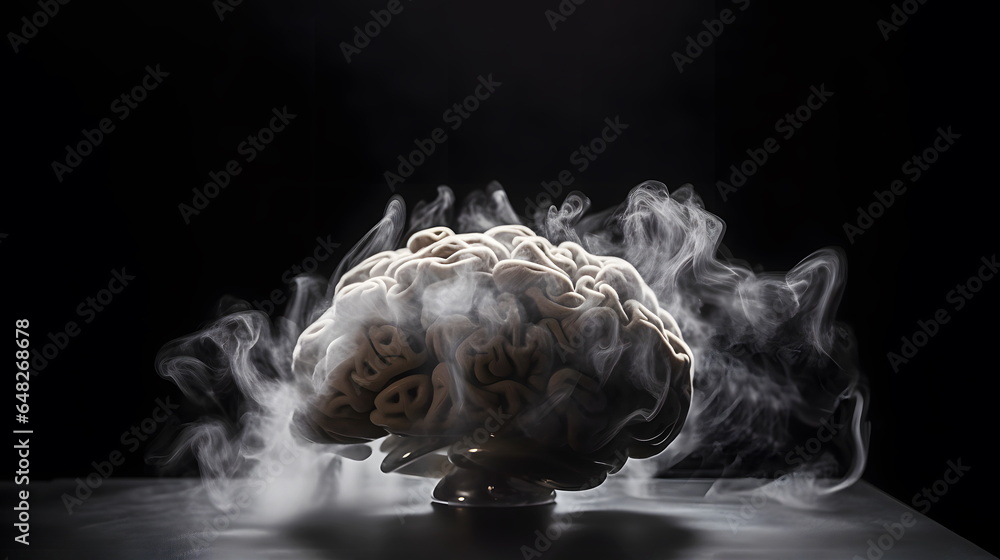 Thick smoke envelops human brain on dark background closeup. Overwork ...