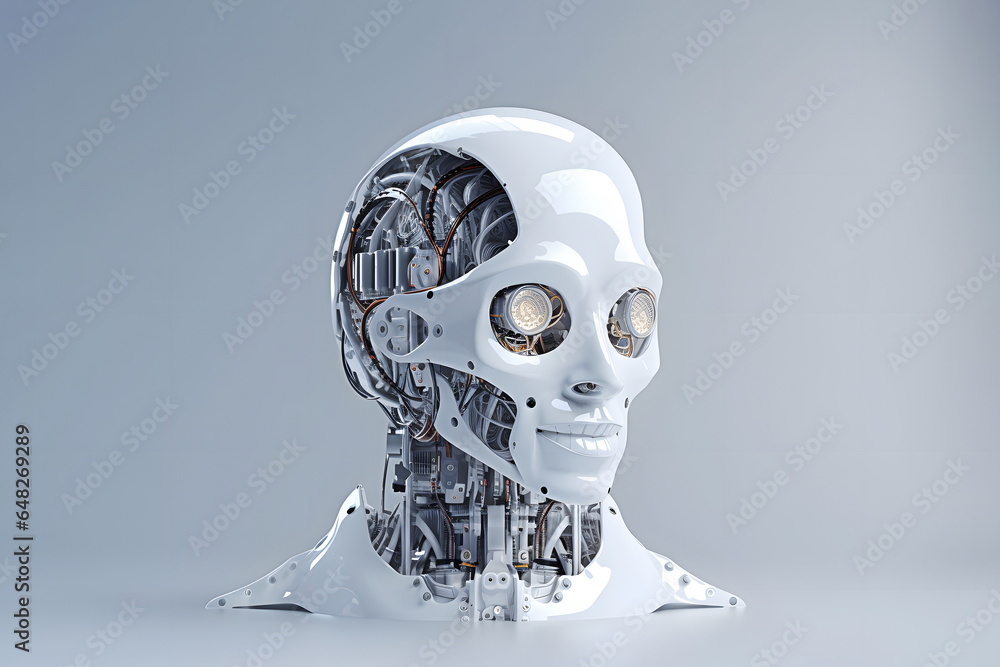 Modern robot head with wires and chips inside isolated on white ...