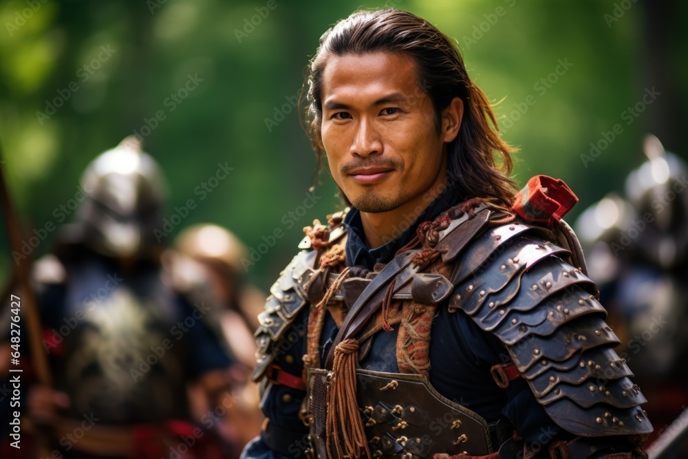 An armored man stands confidently in front of a group of people. This ...