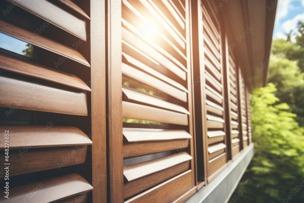 A detailed view of a window with wooden shutters. This image captures ...