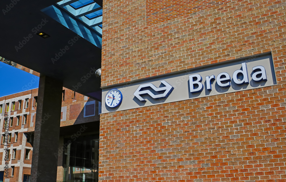 Breda, Netherlands - August 30. 2023: Red brick wall with logo ...
