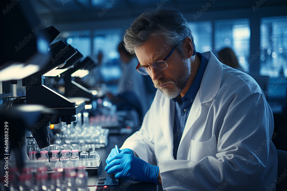 Foto de In a modern laboratory, a scientist conducts experiments. The ...