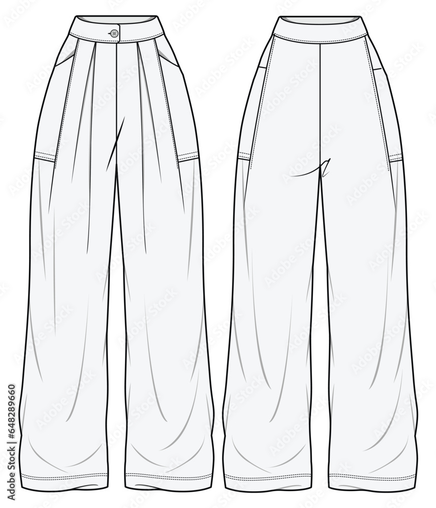 Box Pleat Wide Leg Flared Pants Front and Back View. Fashion ...