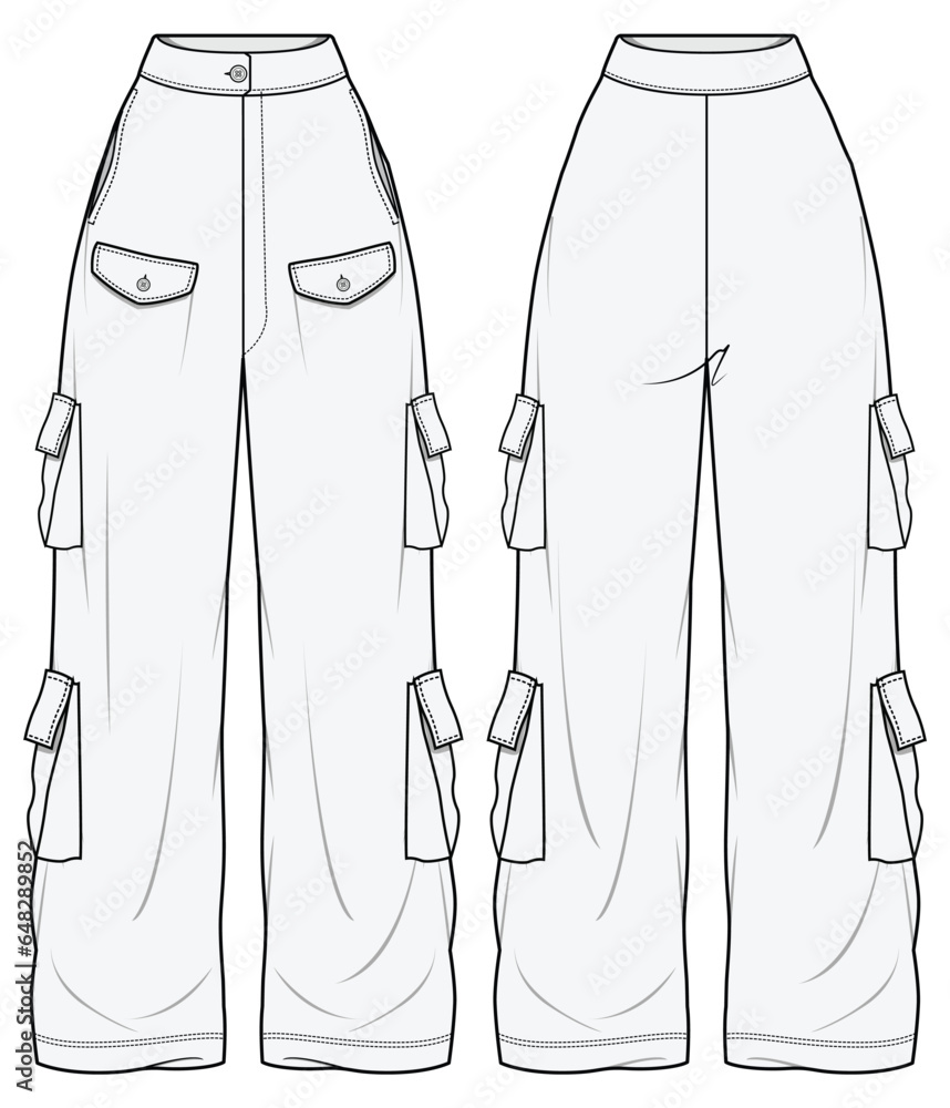 Wide Leg Cargo Pant Front and Back View. Fashion Illustration, Vector ...