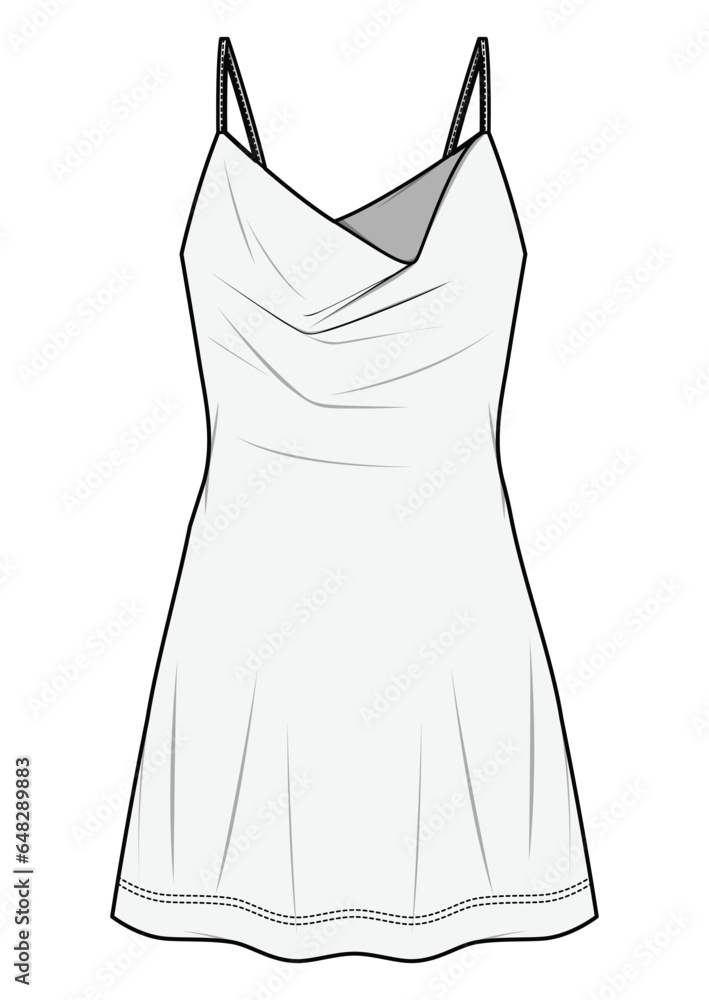 Slip Dress, Cowl Neck Short Spaghetti Strap Dress Fashion Flat Sketch ...